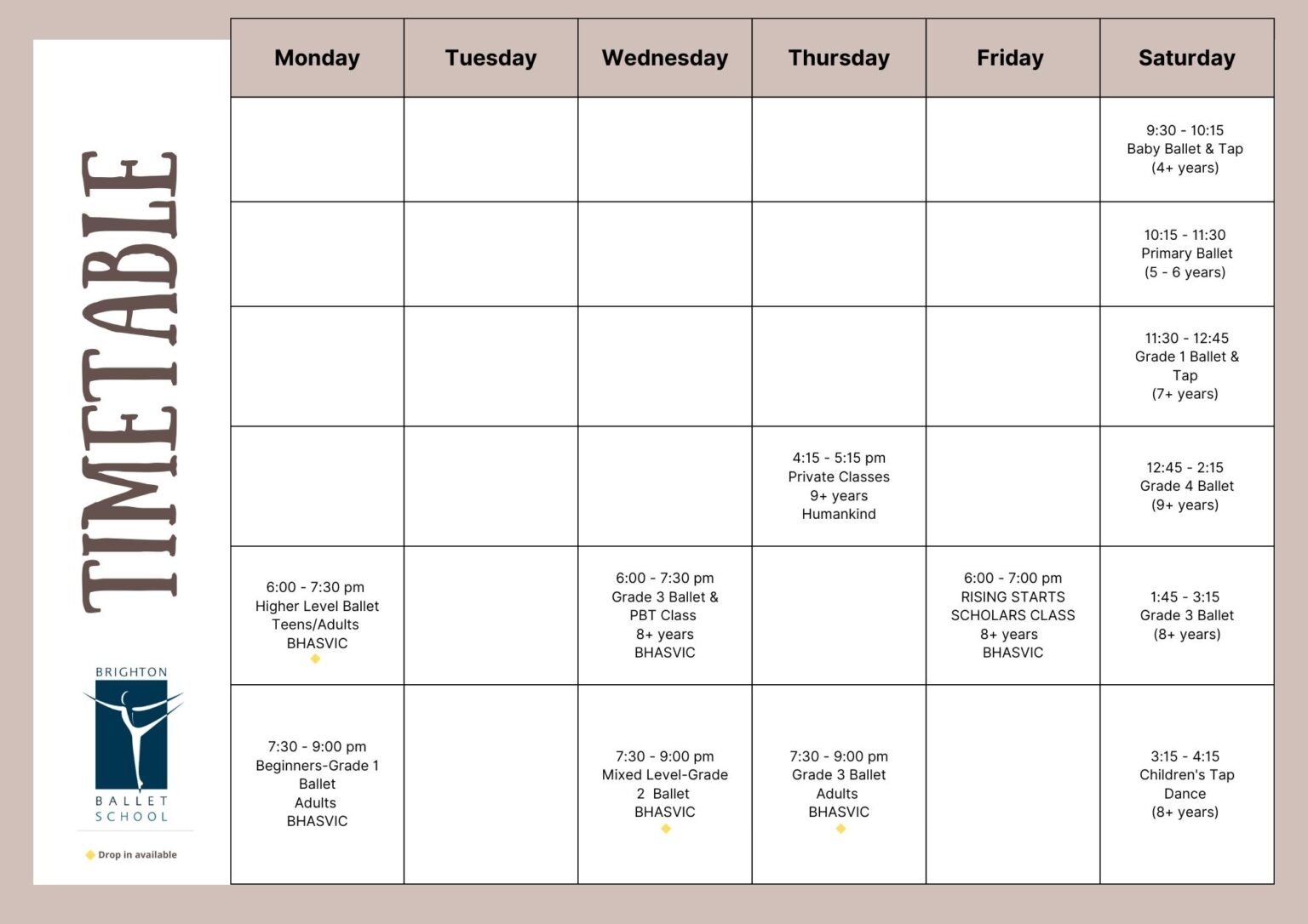 Timetable - Brighton Ballet School